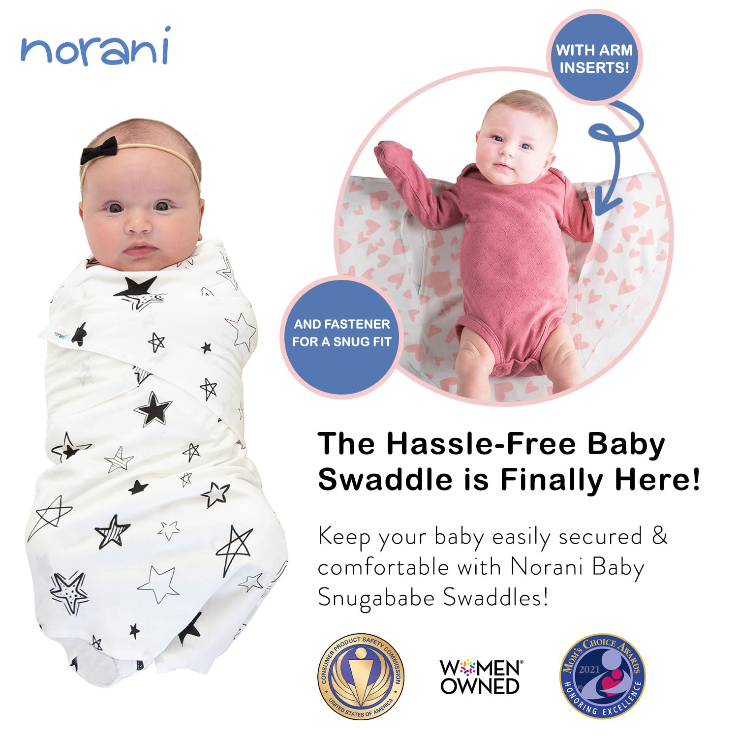 Norani Baby Snugababe Swaddle | Organic Cotton | Patented Newborn Baby Swaddle Blanket with Arm Inserts and Fastener | Geometric
