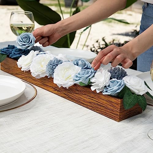 Rectangular Acrylic Flower Centerpieces for Tables with Wood Grain Pattern | Long 24 Hole Flower Arrangement Holder | Acrylic Flower Centerpiece Vase | Dining Table Decor Centerpiece Vases for Table