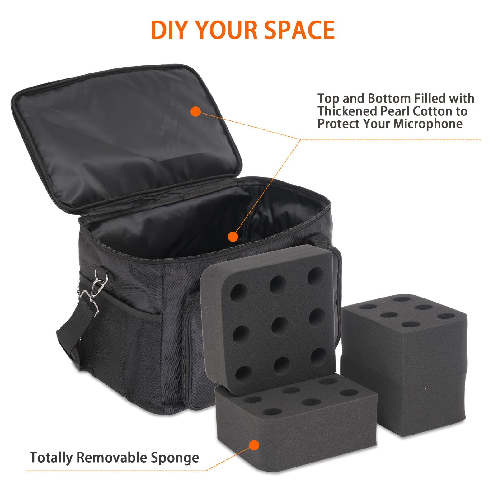 Wireless Microphone Case with Foam, 15 Slots Waterproof Microphone Storage and Carrying Bag for Tavel, 1680D Heavy Duty Oxford Fabric&High-quality Foam to Protect Your Mic