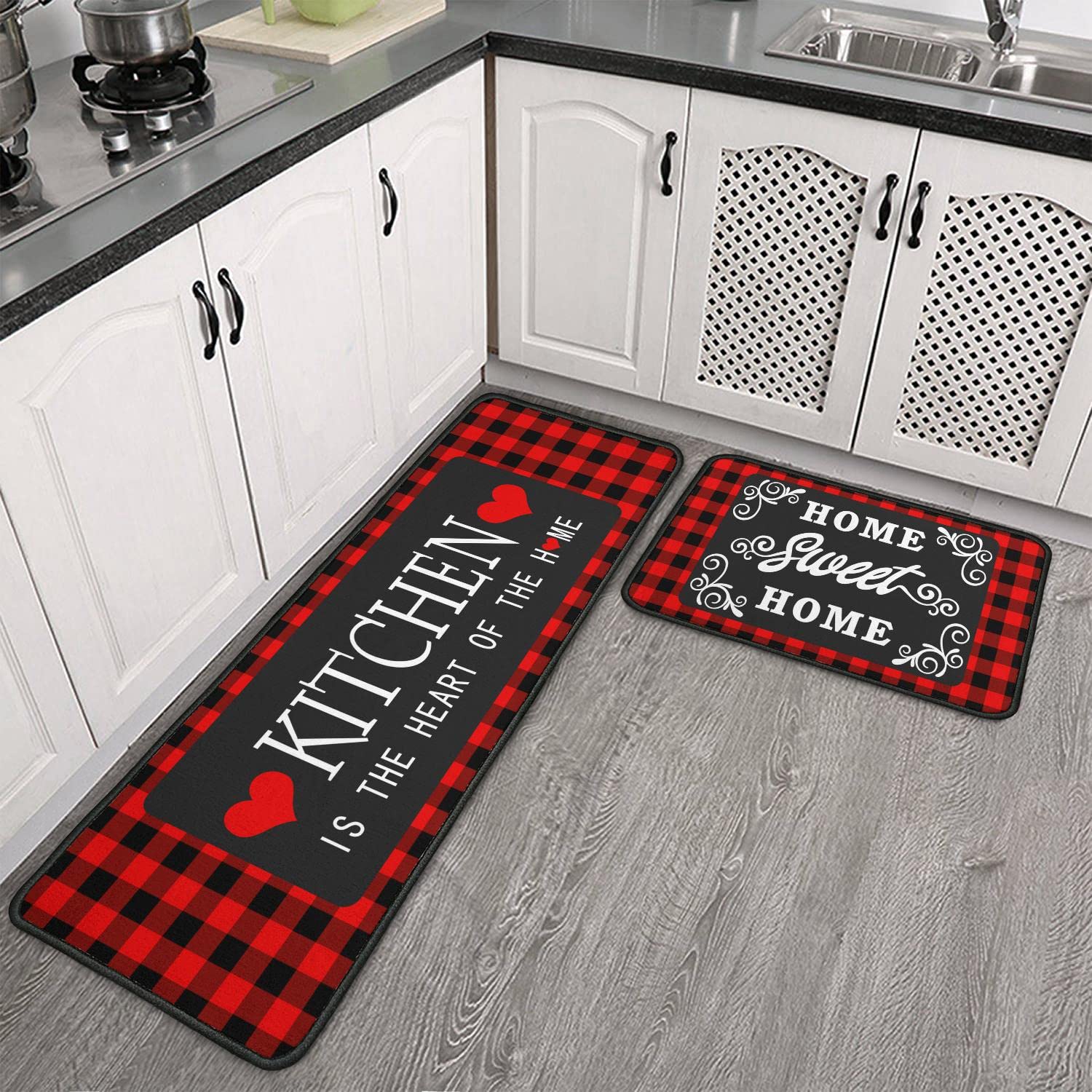 Sianseir Red and Black Buffalo Plaid Kitchen Mat Set of 2, Non Slip Washable Home Decor Kitchen Rugs and Mats for Floor Comfort Standing Mats for Kitchen, Sink, Office, Laundry 17"x47"+17"x30"
