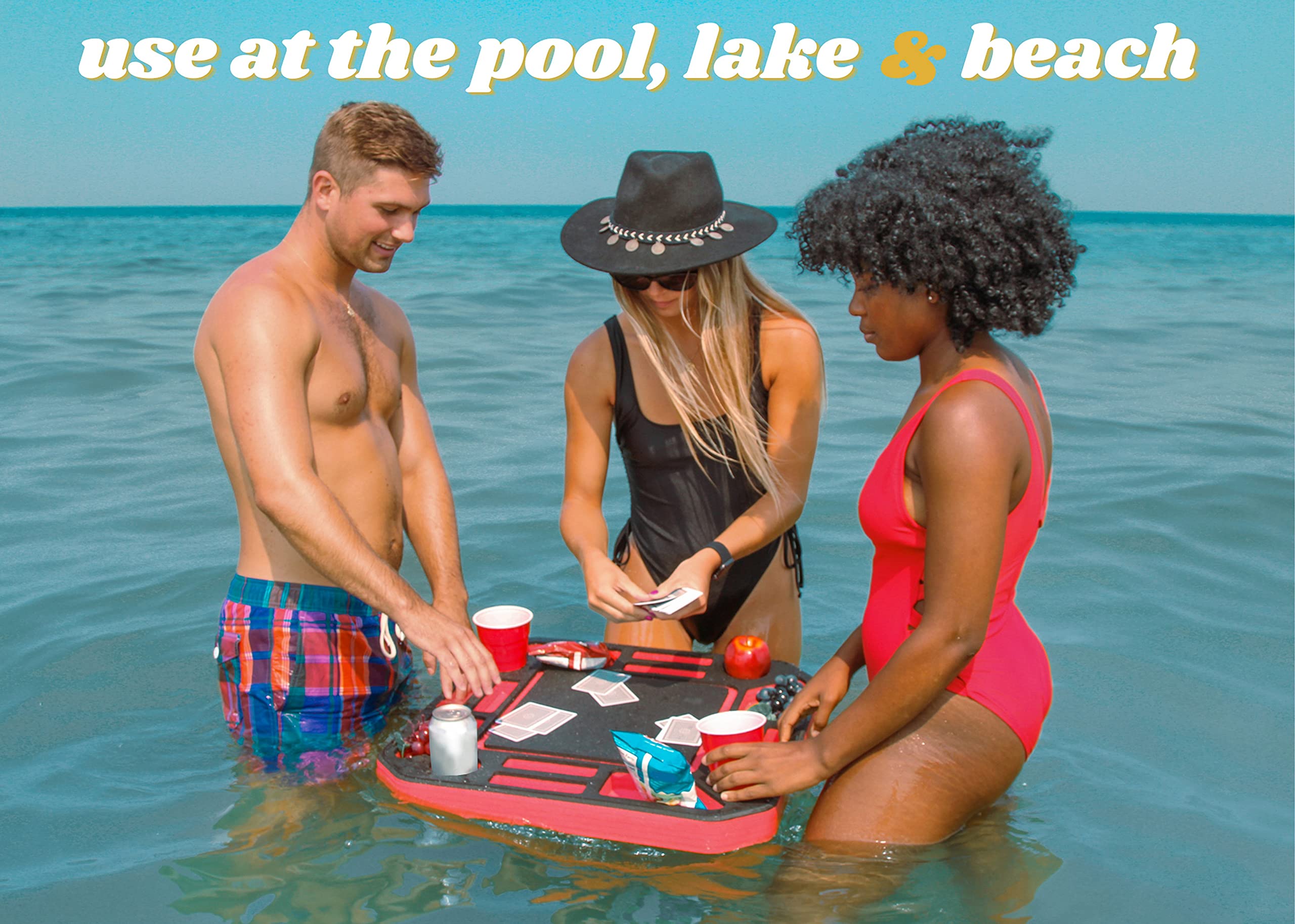 Polar Whale Floating Poker Table Red and Black Game Tray for Pool Beach Party Float Lounge Durable Foam 23 Inch Chip Slots Drink Holders with Waterproof Playing Cards Deck UV Resistant