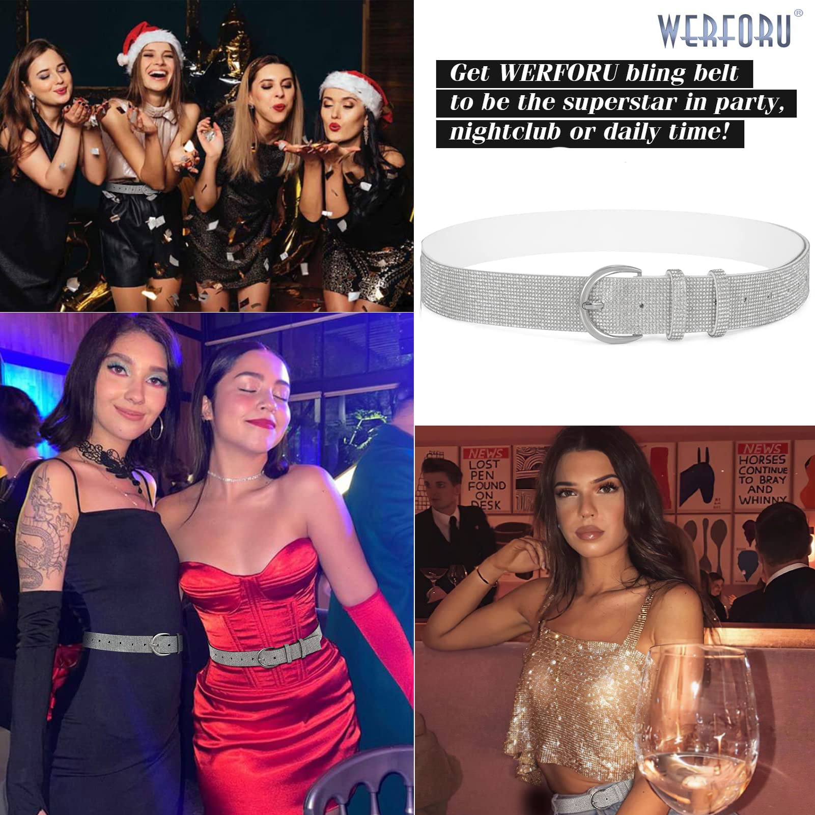 WERFORU Women Bling Rhinestone Soft Jeans Dress Belt Shiny Crystal Waist Belt with Silver Buckle, White,39.4" Length,Fit Size 27"-31"