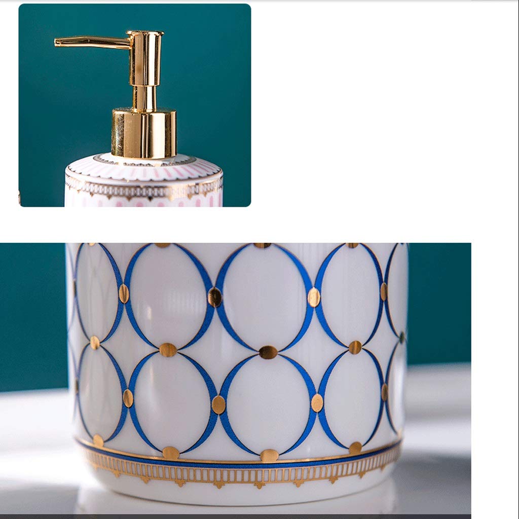 Shower Pump Soap Dispenser, 6 Piece Bathroom Sink Set,Toothbrush Holder, Tooth Glass X 2, Soap Dish, Soap Dispenser,Tray (Color : Blue Circles) (Blue Circles)