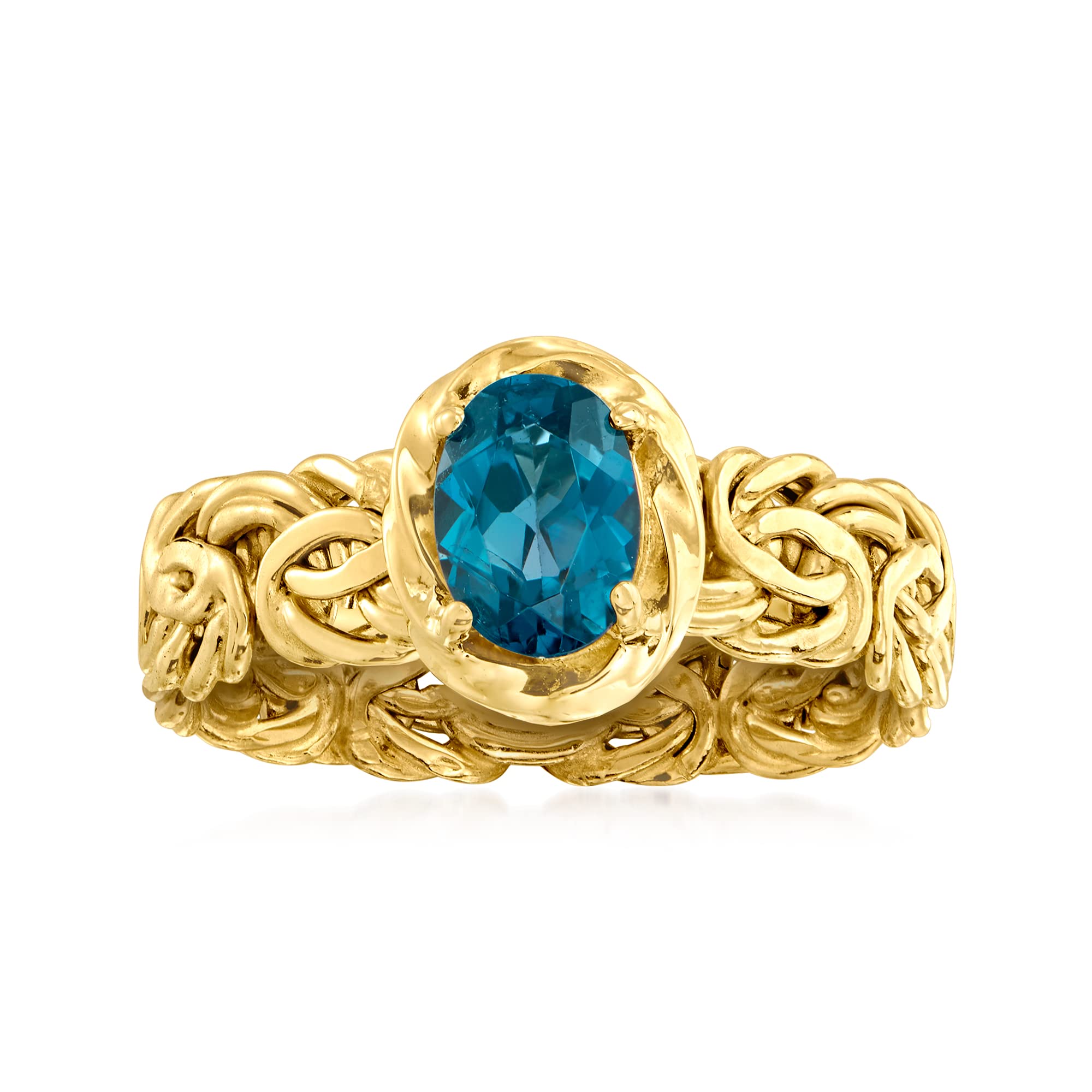 Ross-Simons 0.90 Carat London Blue Topaz Byzantine Ring in 14kt Yellow Gold. Size 8