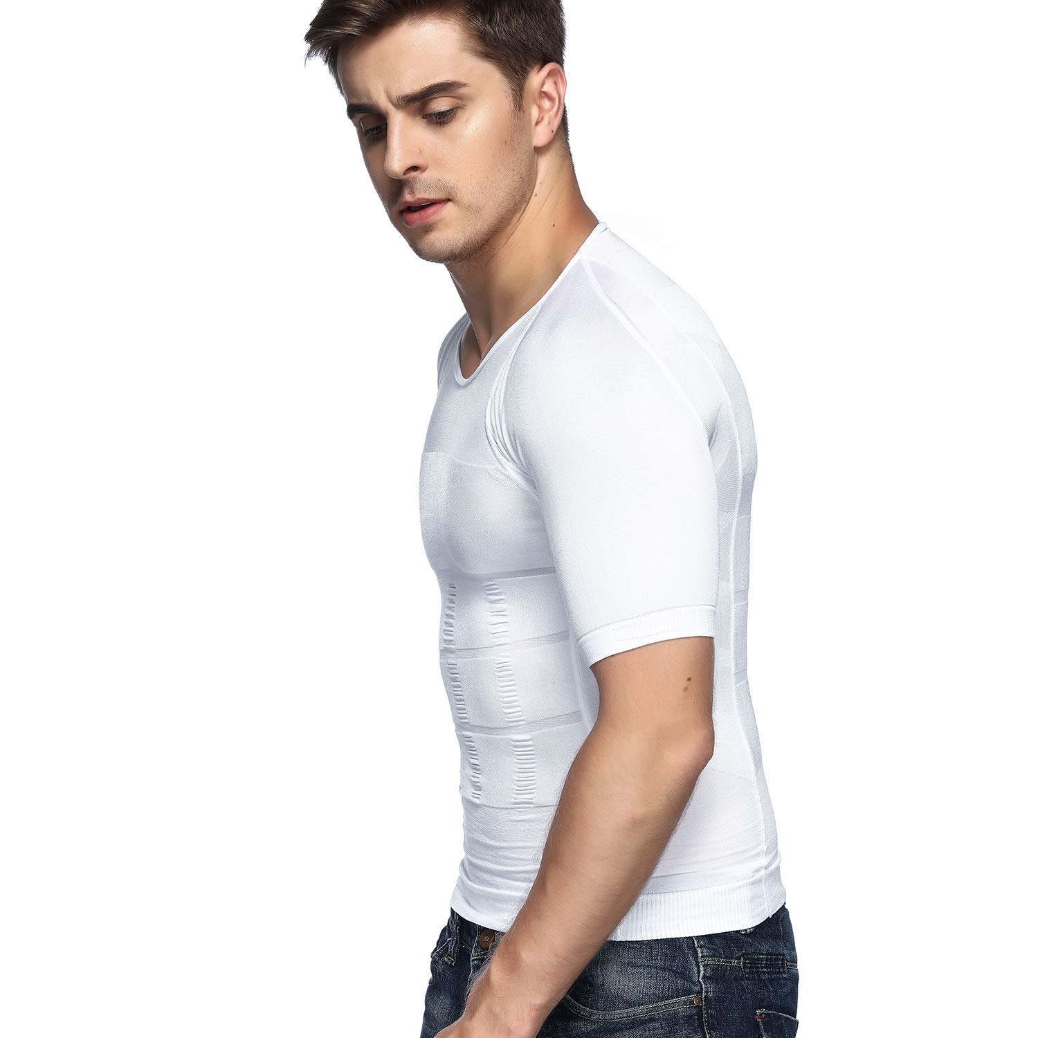 Odoland Men's Body Shaper Slimming Shirt Tummy Vest Thermal Compression Base Layer Slim Muscle Short Sleeve Shapewear, White L