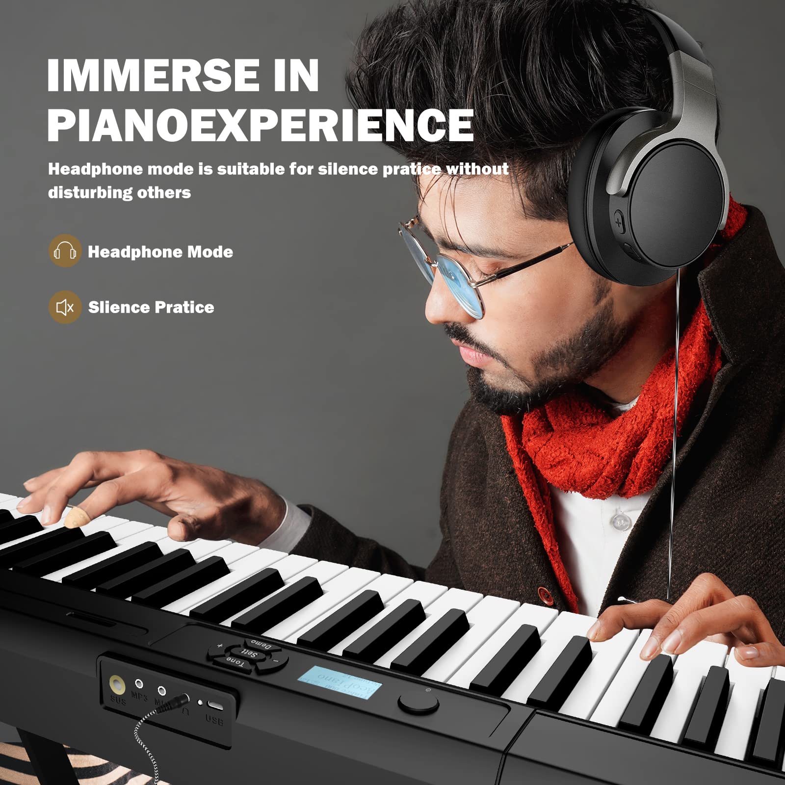 Upgrade Imitation Wood Texture Keyboard Grain Touch Sensitive 88 keys Keyboard with Bluetooth MIDI for Adult - Pearl White