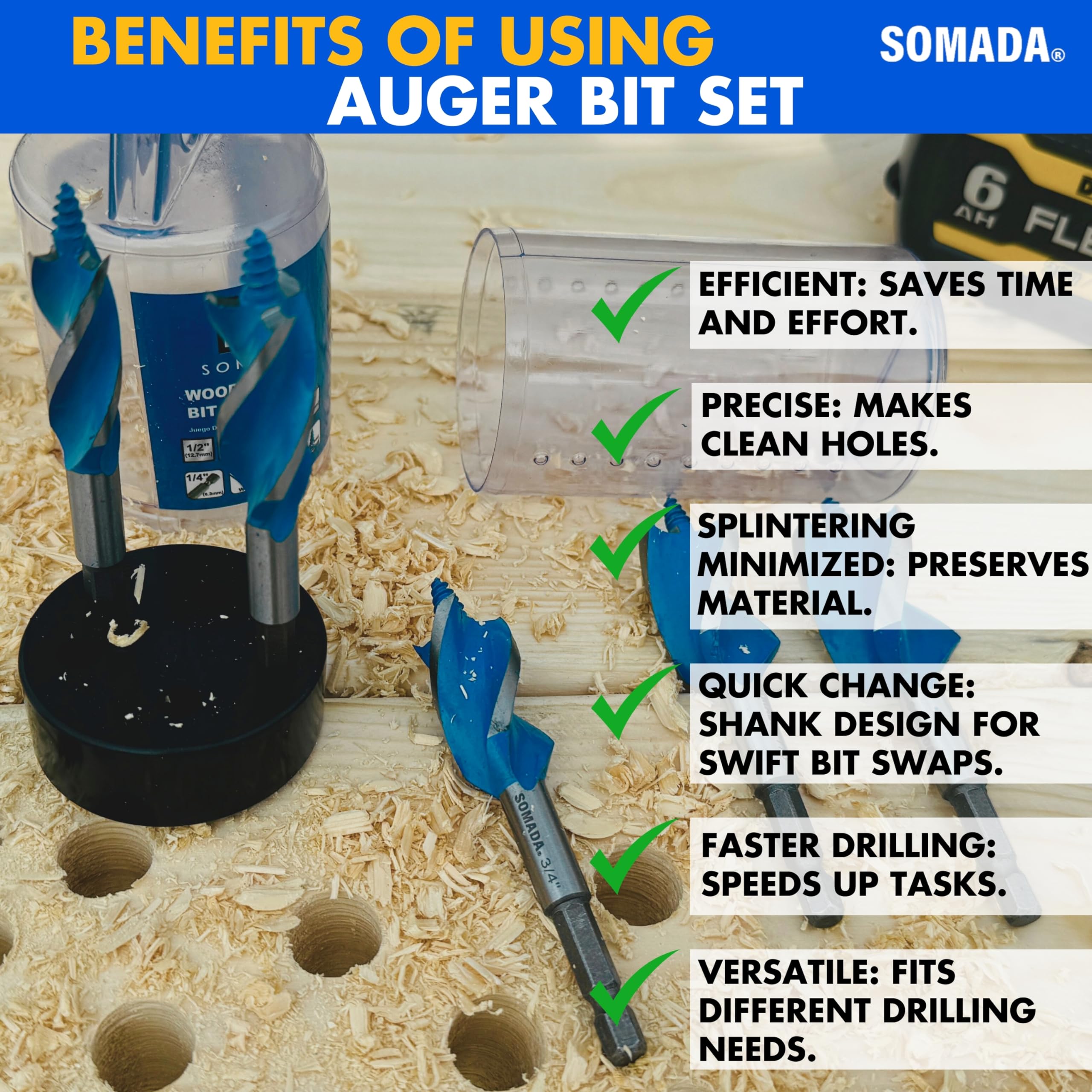 SOMADA Auger Drill Bit Set for Wood, 5-Piece, 1/2", 5/8", 3/4", 7/8" and 1" Inch Size, 4-Inch Long with Storage Case, Impact Wood Auger Set with Quick Change