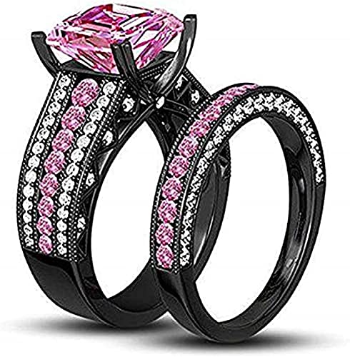 Ultimate Design 2.50Ct Princess Cut Pink Sapphire & Diamond 14K Black Rhodium Plated Engagement Ring Wedding Band Bridal Set (5.5)