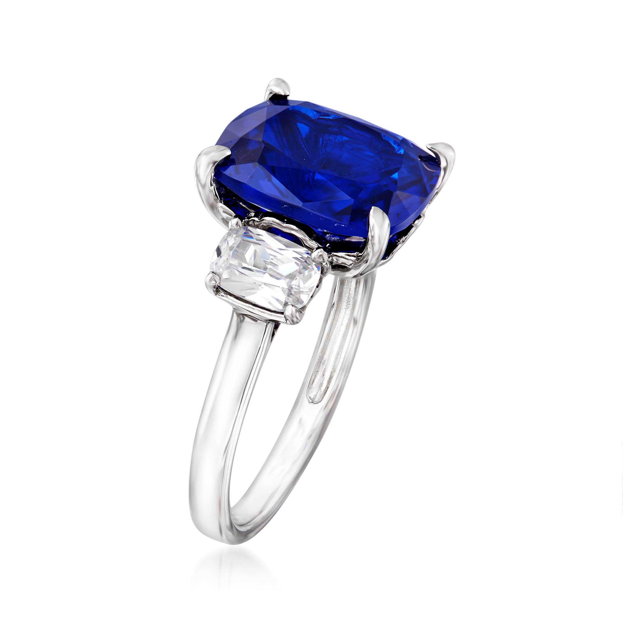 Ross-Simons 6.25 Carat Simulated Sapphire and 1.10 ct. t.w. CZ 3-Stone Ring in Sterling Silver. Size 6