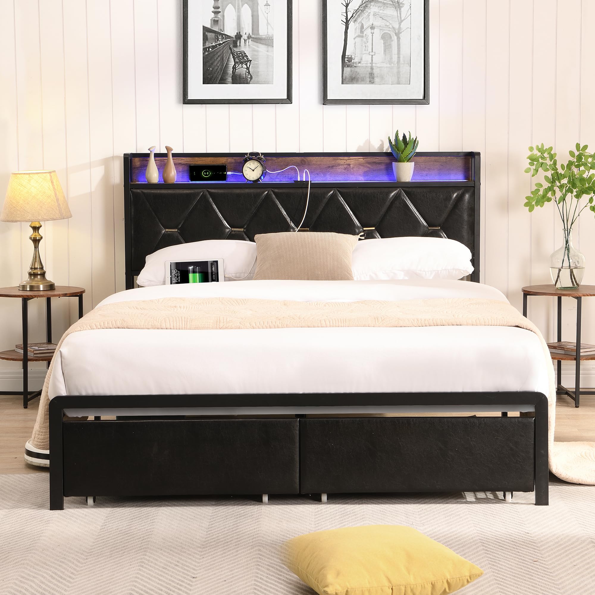 Nicxxtar Queen Size Platform Bed Frame with Headboard Storage Drawer and USB Charging Ports, Black Queen Bed Frame