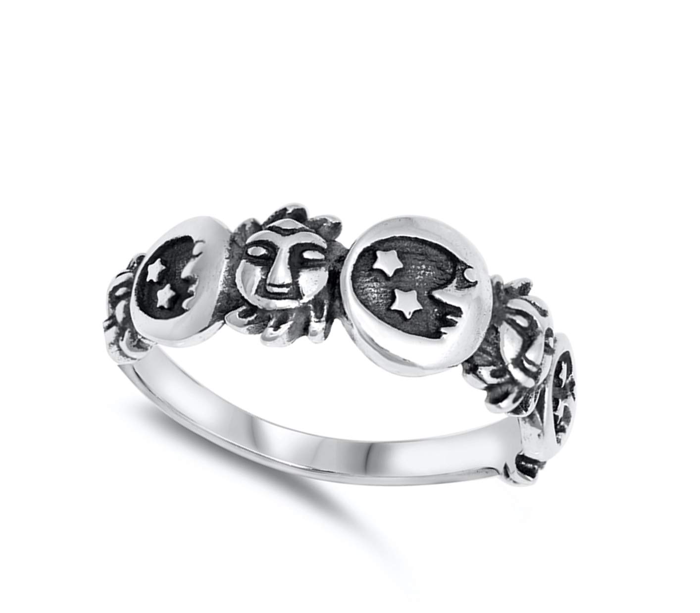 Oxidized Moon Star Sun Mythological Ring .925 Sterling Silver Band Size 7