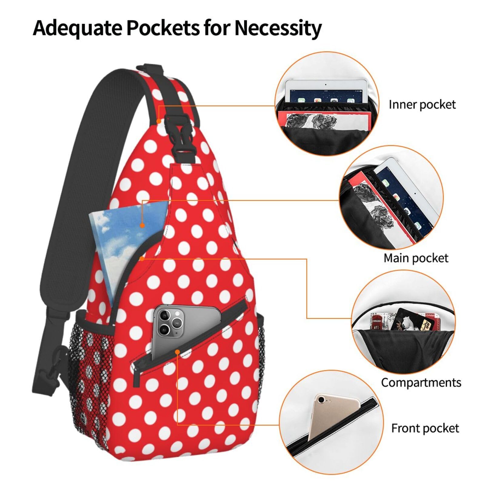 Red White Polka Dot Sling Bag Crossbody Travel Hiking Backpack Daypack for Women Men Unisex,Shoulder Chest Bags Cycling Gym