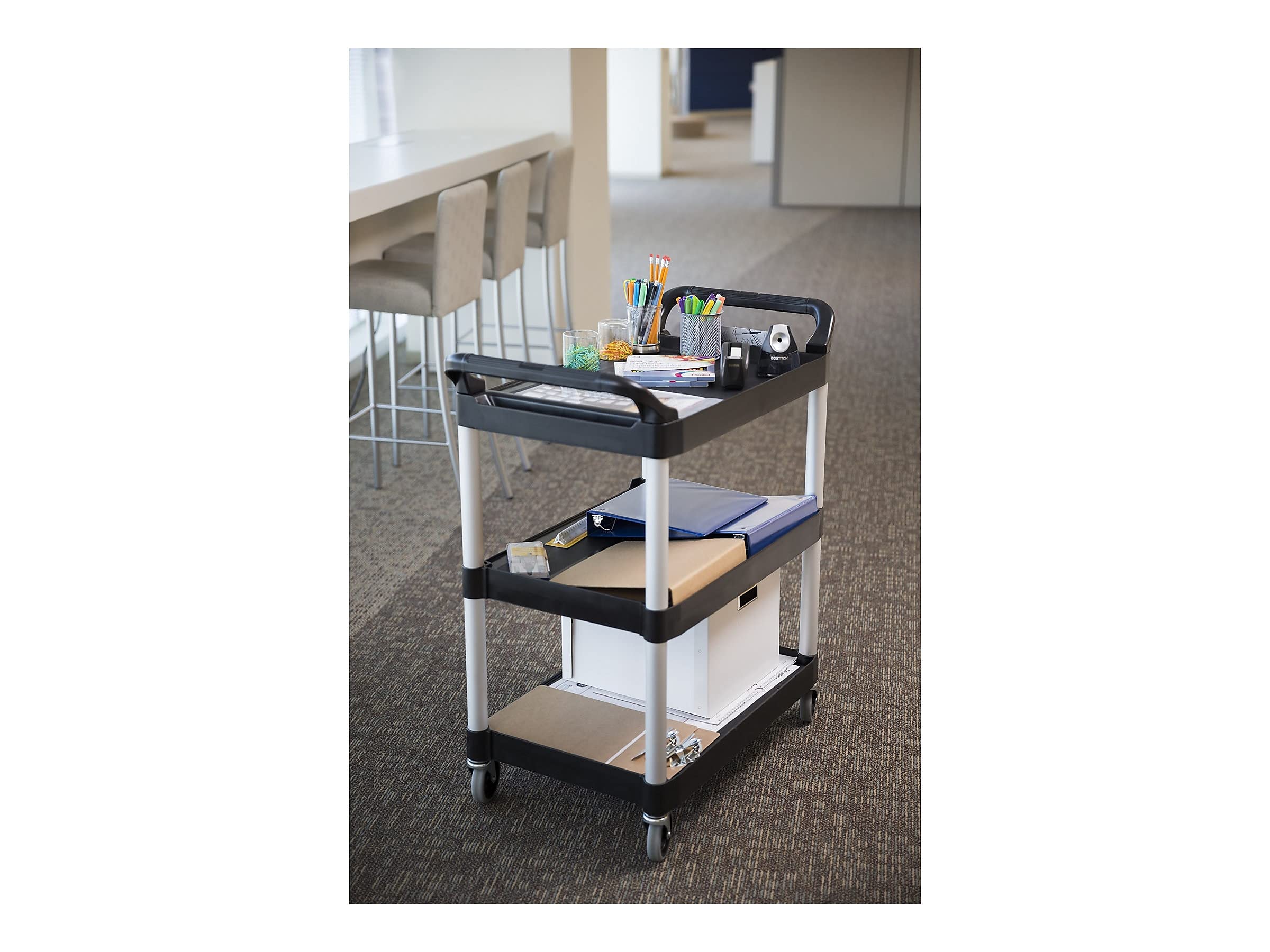 Rubbermaid 342488BLA Economy Plastic Cart, Three-Shelf, 18-5/8w x 33-5/8d x 37-3/4h, Black