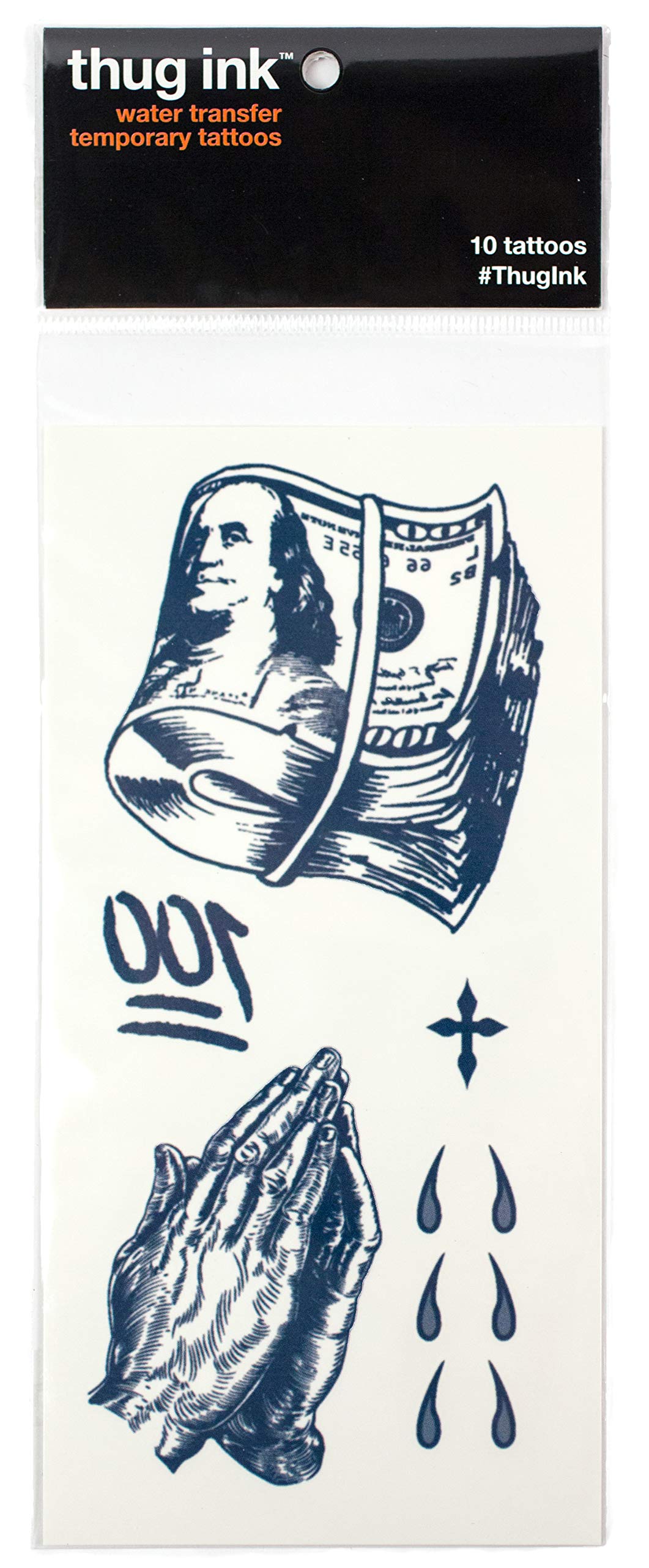 Thug Ink Temporary Tattoos - Volume I - 10 Temporary Tattoos ~ Face Tattoos ~ Teardrop, Cross, Praying Hands, etc~ Thug Life ~ Fake Tattoos ~ Water-transfer Tattoos