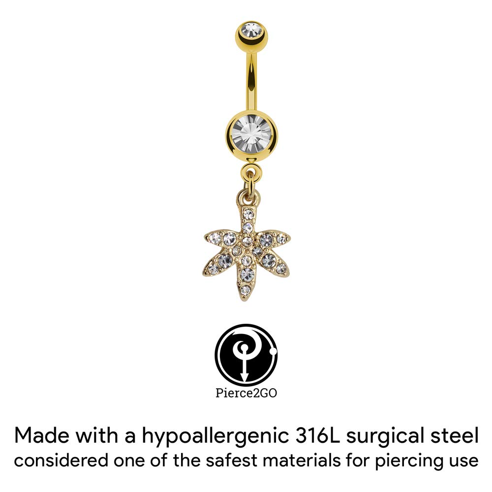 Pierce2GO Gold Marijuana Leaf Belly Button Ring with Cz Stones (Cubic Zirconia)