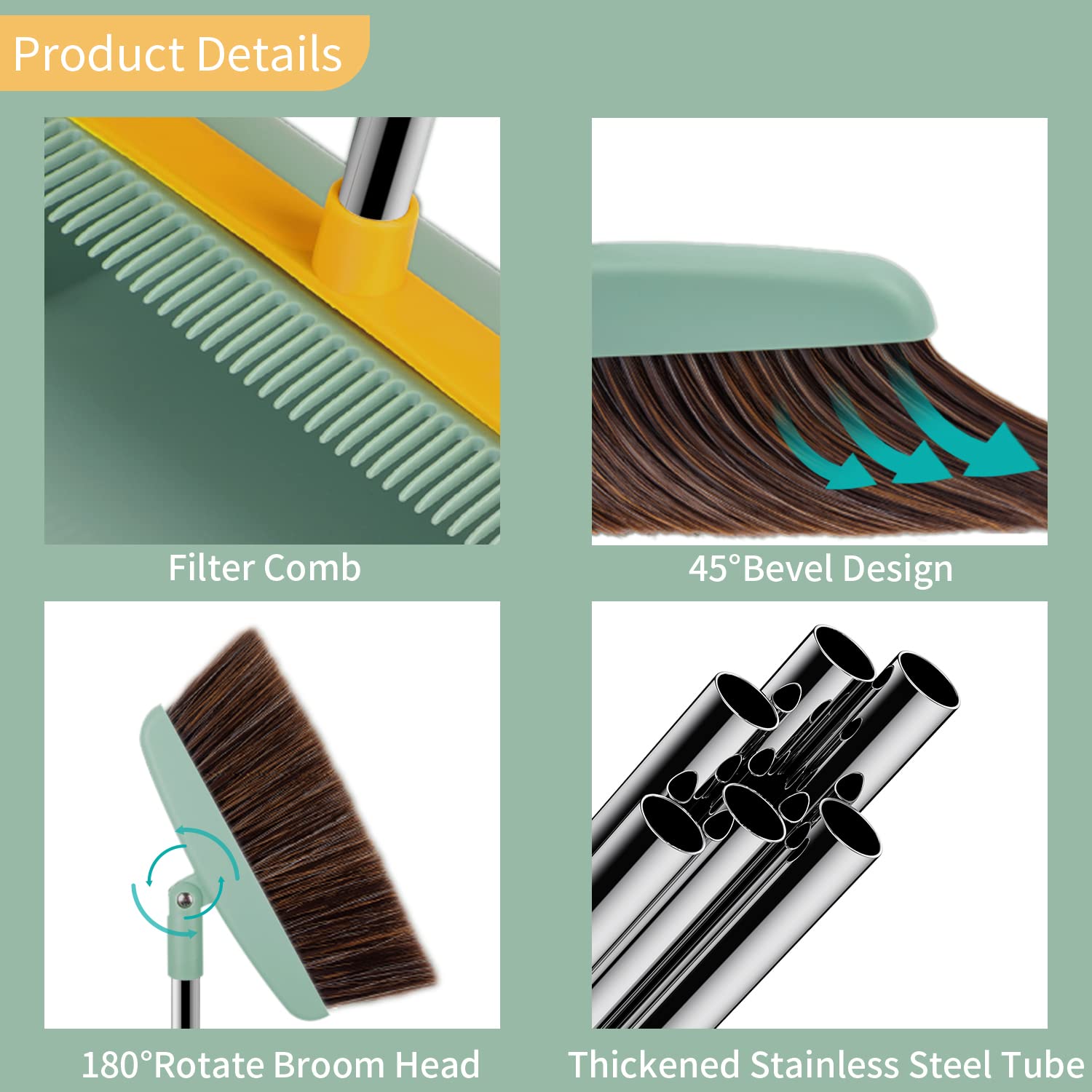 Serdary Broom and Dustpan Set Cleans with Adjustable 55" Long Handle for Home Kitchen Room Office Lobby Floor Use Upright Stand Up Broom Dustpan Combo (Green)