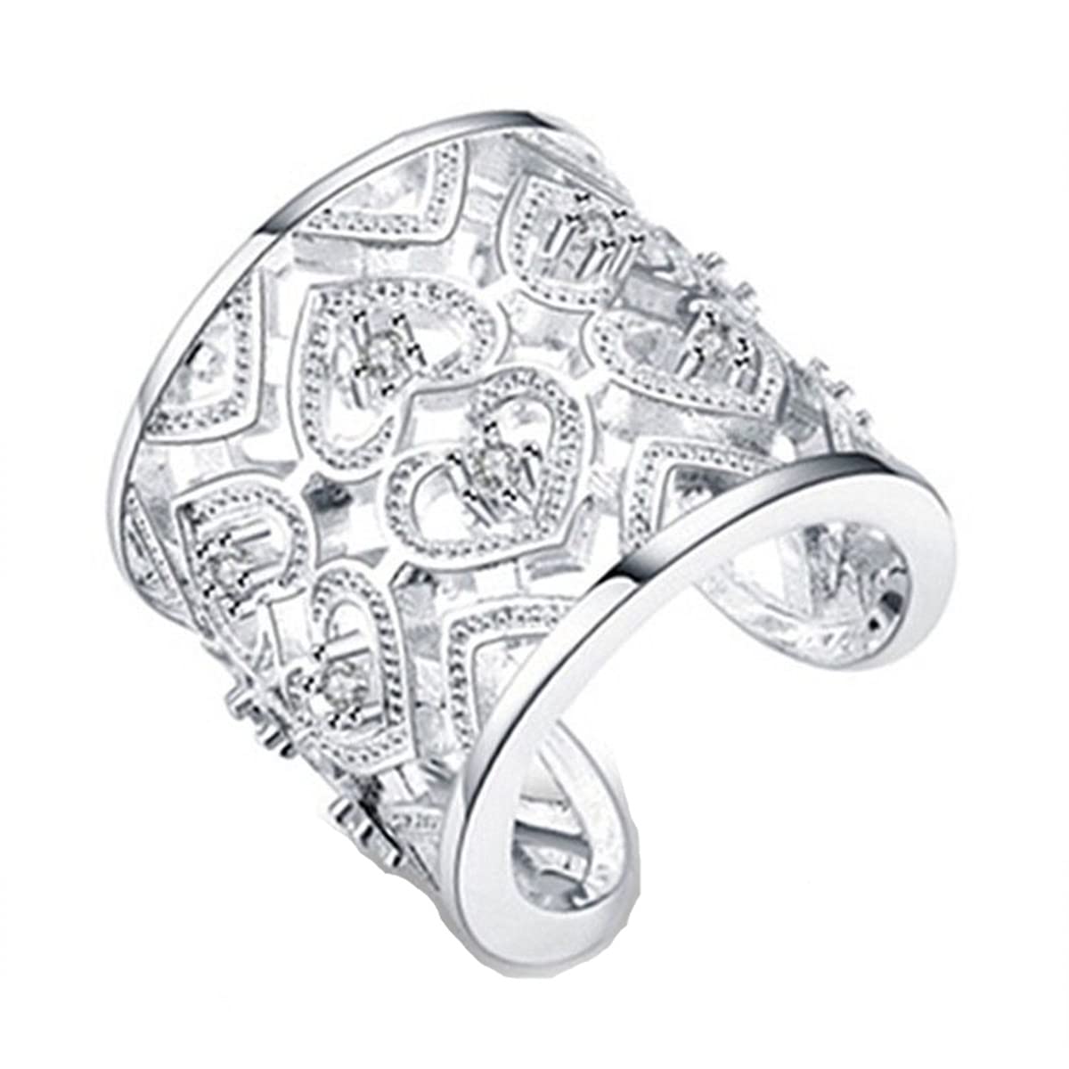 Naivo Retro Europe Style Rose Gold Plated Hollow Hears White Zircon Resizable Band Ringe (silver)