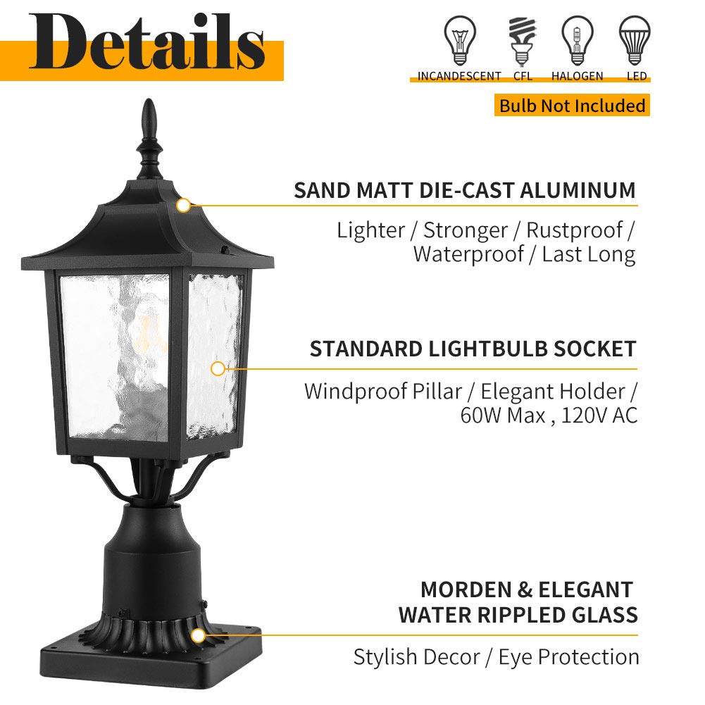 Post light,CINOTON Lamp Post Light Fixture 6-Inch with 3-Inch Pier Mount Base, Waterproof Post Lantern with Water Ripple Glass, Matte Black Finish, Outdoor Post Lights for Patio, Yard, Garden, Pathway
