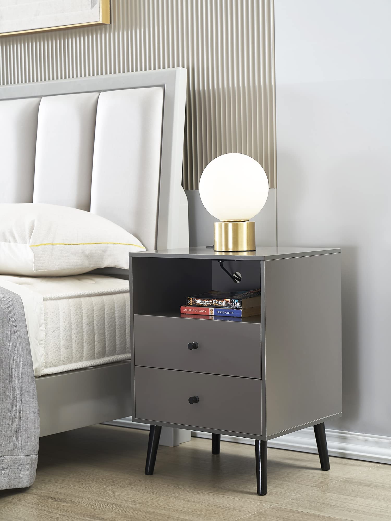 OBRICOL Night Stand,Charging Station Side Table, Functional End Table for Bedroom,Living Room (Grey)