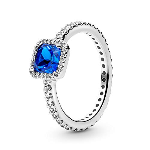Pandora Jewelry Blue Square Sparkle Halo Crystal and Cubic Zirconia Ring in Sterling Silver, Size 6