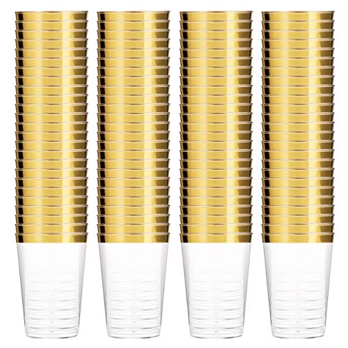 Munfix 100 Gold Plastic Cups 16 Oz Clear Plastic Cups Tumblers Gold Rimmed Cups Fancy Disposable Wedding Cups Elegant Party Cups with Gold Rim