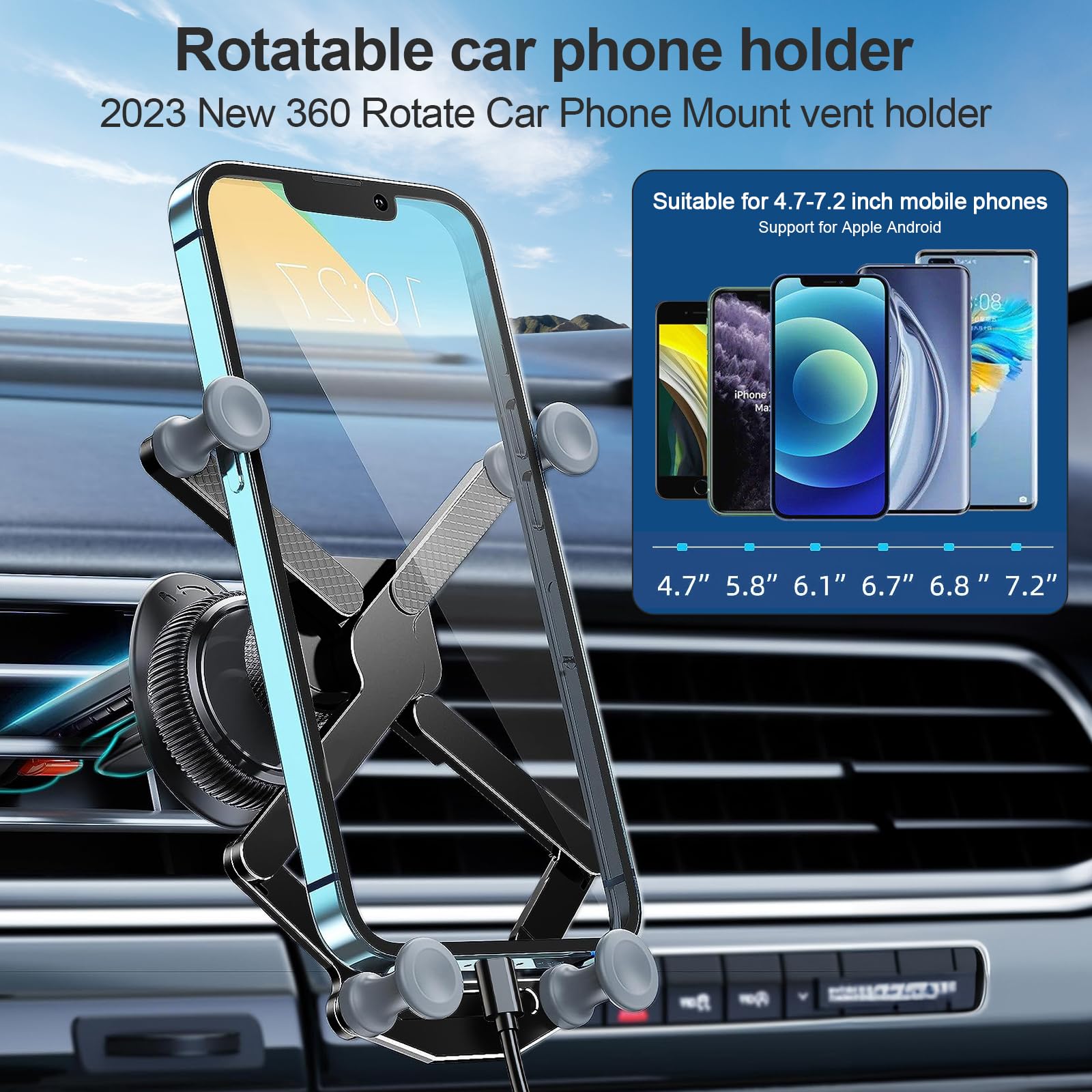 Rednow Car Vent Phone Mount,Invisible Rotatable Air Vent Mount Car Phone Holder 360°Anti-Shake Universal Phone Mount,Car Dashboard & Never Blocking Air Vent Clip Cell Phone Holder for Car (Black)