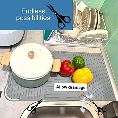 Yatmung Collapsible Silicone drying mat for Kitchen Counter - Non-Slip dish drying pad with hook and retaining band - Foldable design ( 24" x 13" ) to（ 8" x 13" ）- Large rubber rack mat（ Grey ）