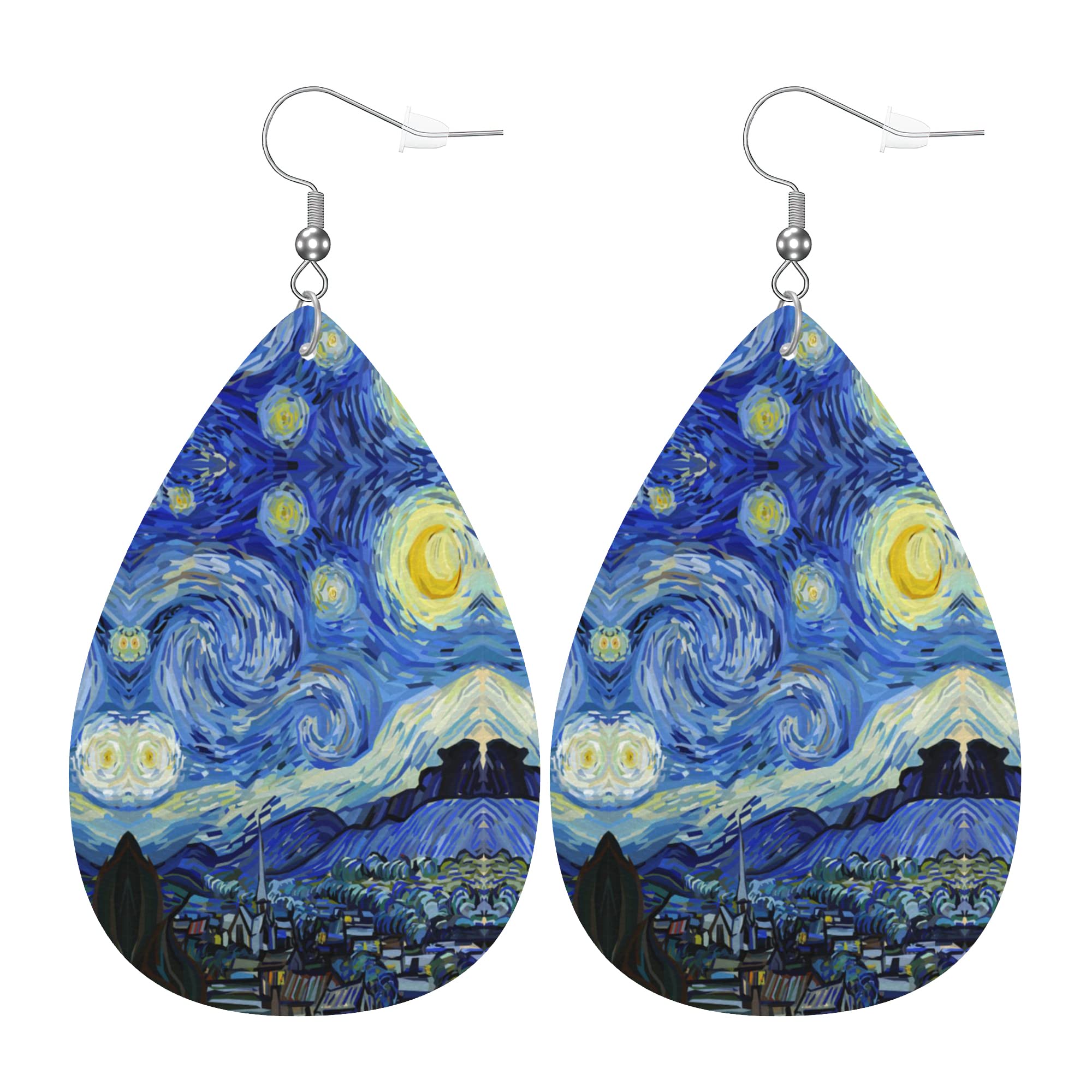 ZTHLL Leather Teardrop Earrings For Women,Van Gogh Starry Night Pattern Western Earrings For Girls Gift Drop Lightweight Dangle Earrings