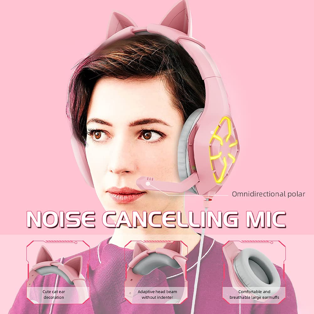 SYCOOVEN Gaming Headset with Mic, 3.5MM Cat Ear Headphones Lightweight Over Ear Headphones LED Light(Pink)