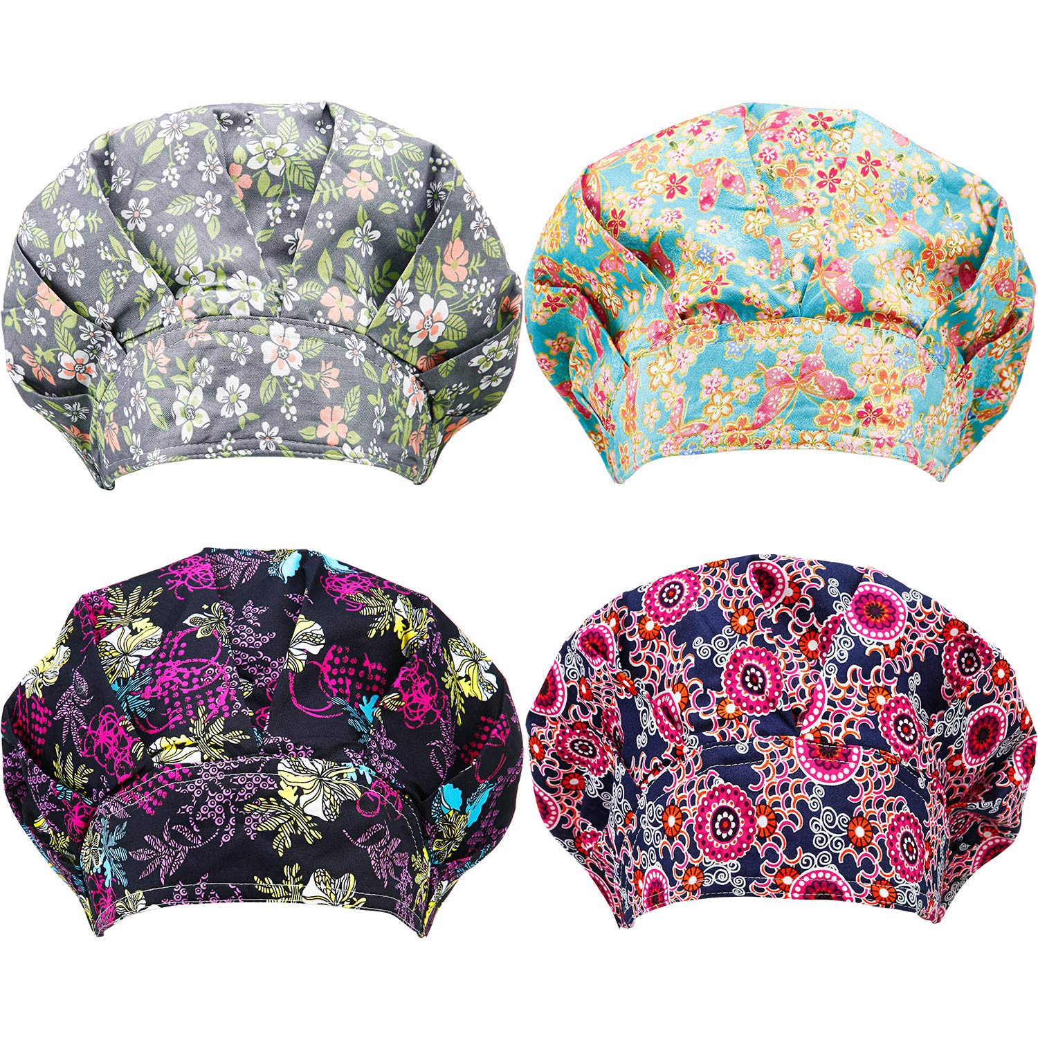 SATINIOR 4 Pieces Adjustable Caps Cotton Bouffant Cap Elastic Bouffant Cap Head Hair Covers with Sweatband for Women Men (Flower Pattern), Multicoloured, Medium