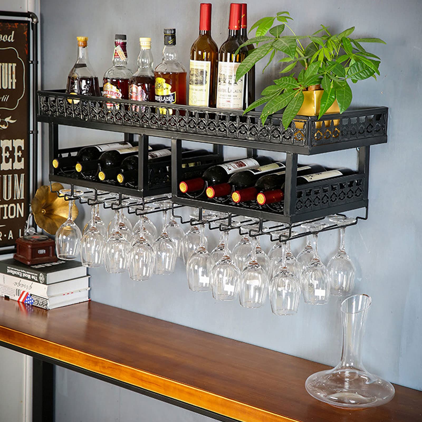 TFCFL Industrial Wall-Mounted Wine Rack,Wine Glasses Holder, Double Layer Wall Storage Shelves, Multi-Function Display Shelf for Bar Kitchen Restaurant (Wrought Iron)