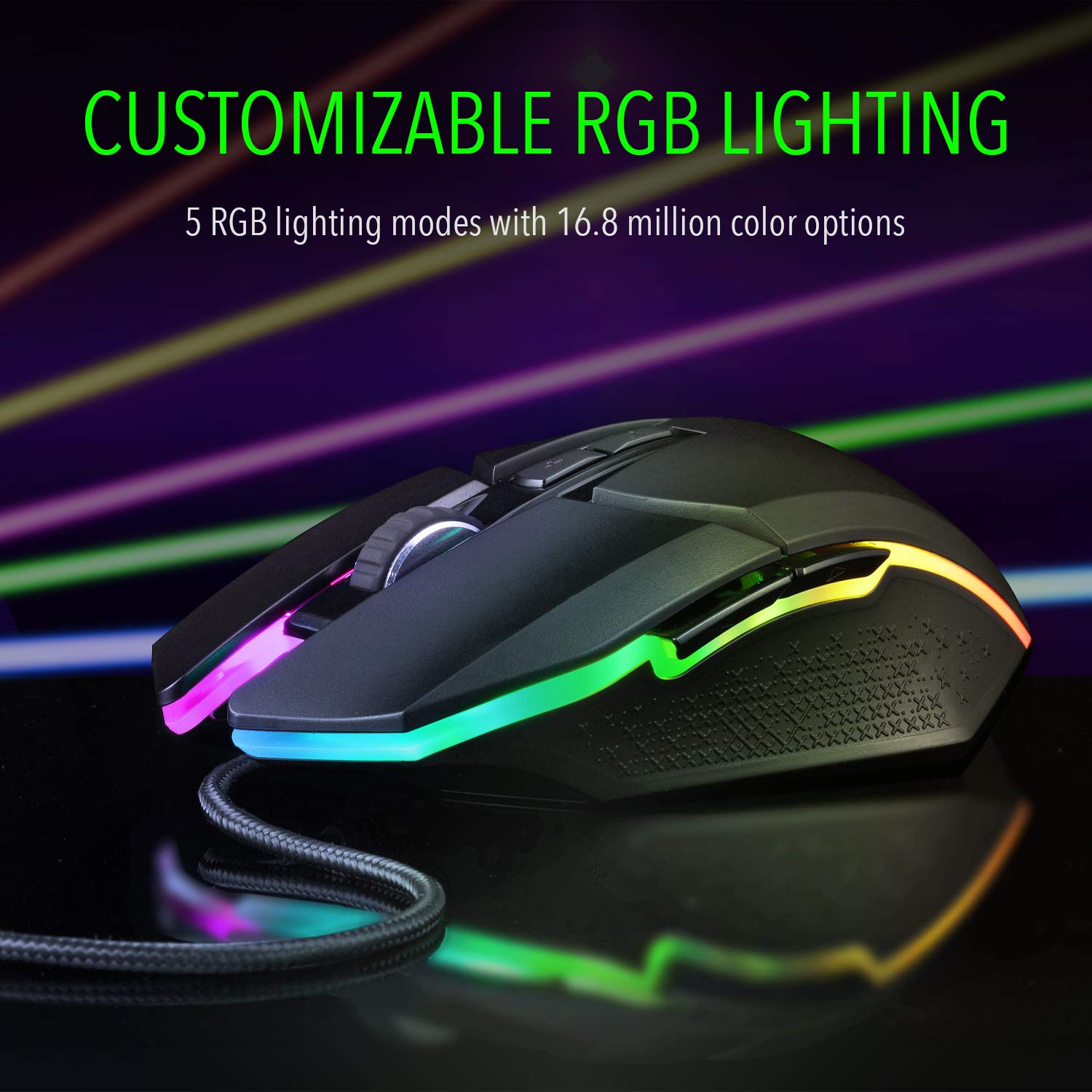 Perixx MX-2500B Wired Gaming Mouse, 5 Adjustable DPI Presets 500-10,800, RGB Lighting, 7 Programmable Buttons, Omron Switches, Ergonomic Design for PC Computer Gaming, Black (11724)