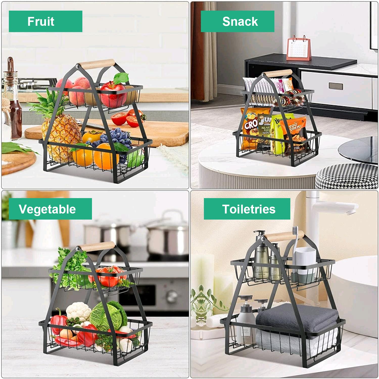 ZUOVAOV 2 Tier Countertop Fruit Basket, Removable Metal Rectangular Wire Basket, Black Vegetable Bread Basket Storage Rack, Kitchen Table Top Fruit Bowl (Black)