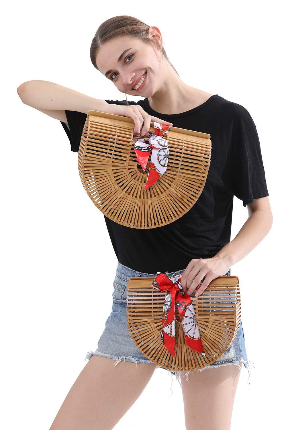 Obosoyo Women's Handmade Bamboo Handbag Summer Beach Sea Tote Bag Beige Small