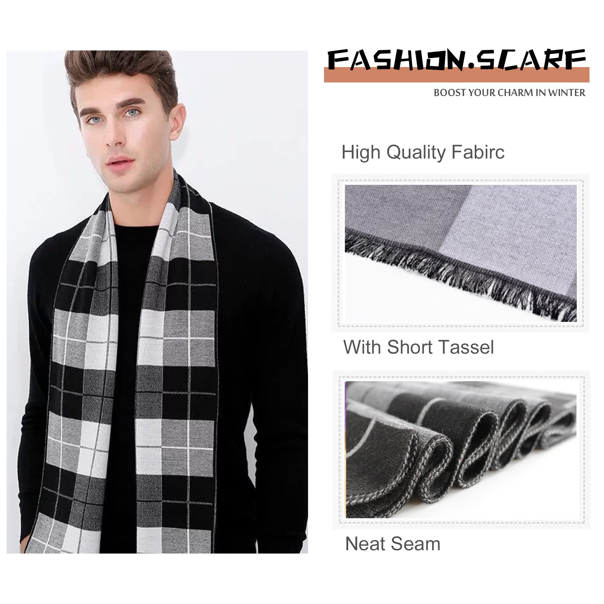 UTTPLL Cashmere Feel Men Scarf Plaid Super Soft Warm Winter Long Cotton Scarves Tassel Scarf Black One Size