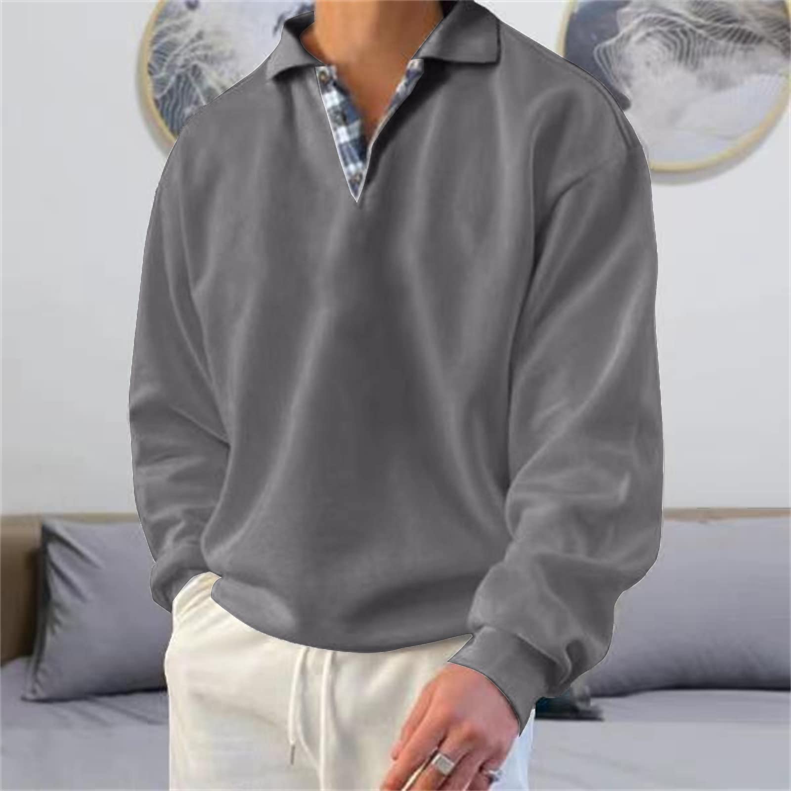 YawYews Men's Long Sleeve Polo Shirts-Casual Thermal Loose Fit Pullover Sweatshirts Dark Grey