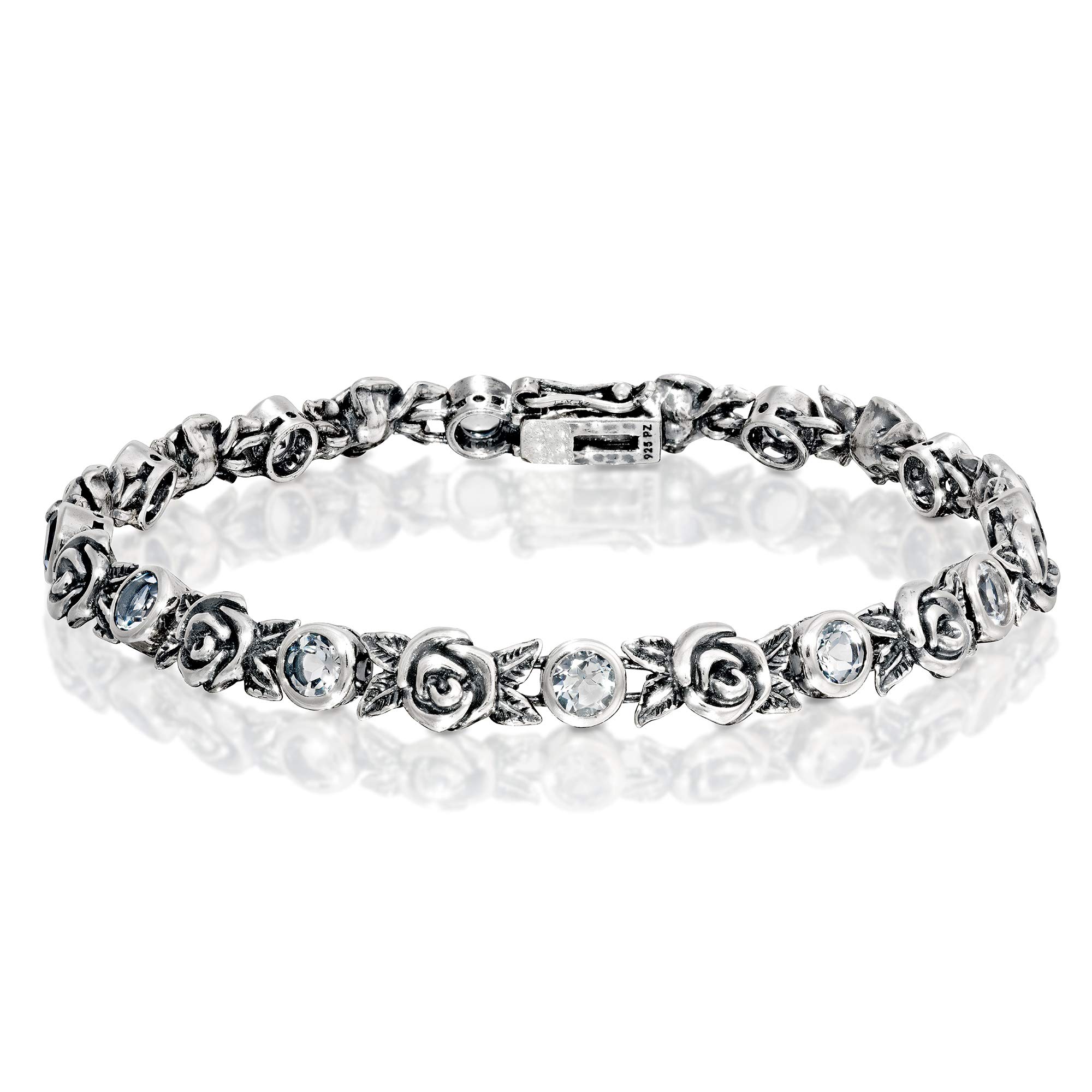 PZ Paz Creations 925 Sterling Silver Clear Quartz Gemstone Rose Tennis Bracelet (6.75, Clear Quartz)