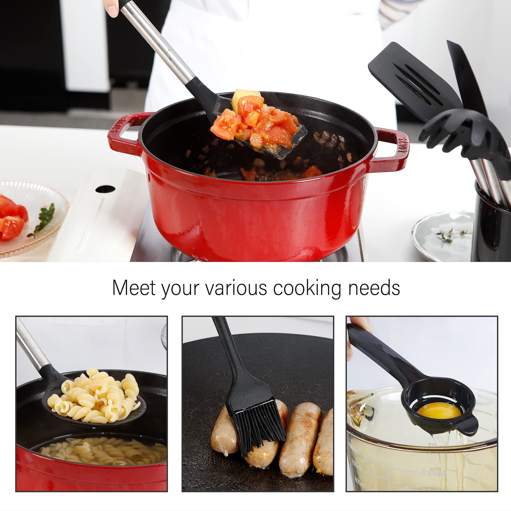NCUE Cooking Utensils Set, 28 Pcs Silicone Kitchen Utensils Set with Holder, Silicone Whisk, Spatulas, Scissors, Measuring Cups and Spoons Set with Stainless Steel Handle Kitchen Gadgets (Black)