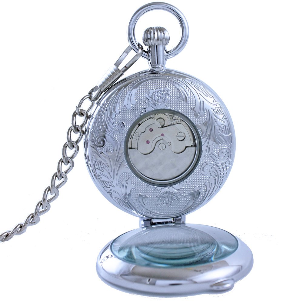 OGLE Waterproof Silver Magnifier Tourbillon Phases Moon Chain Fob Self Winding Automatic Skeleton Half Hunters Mechanical Pocket Watch (Silver Luminous)