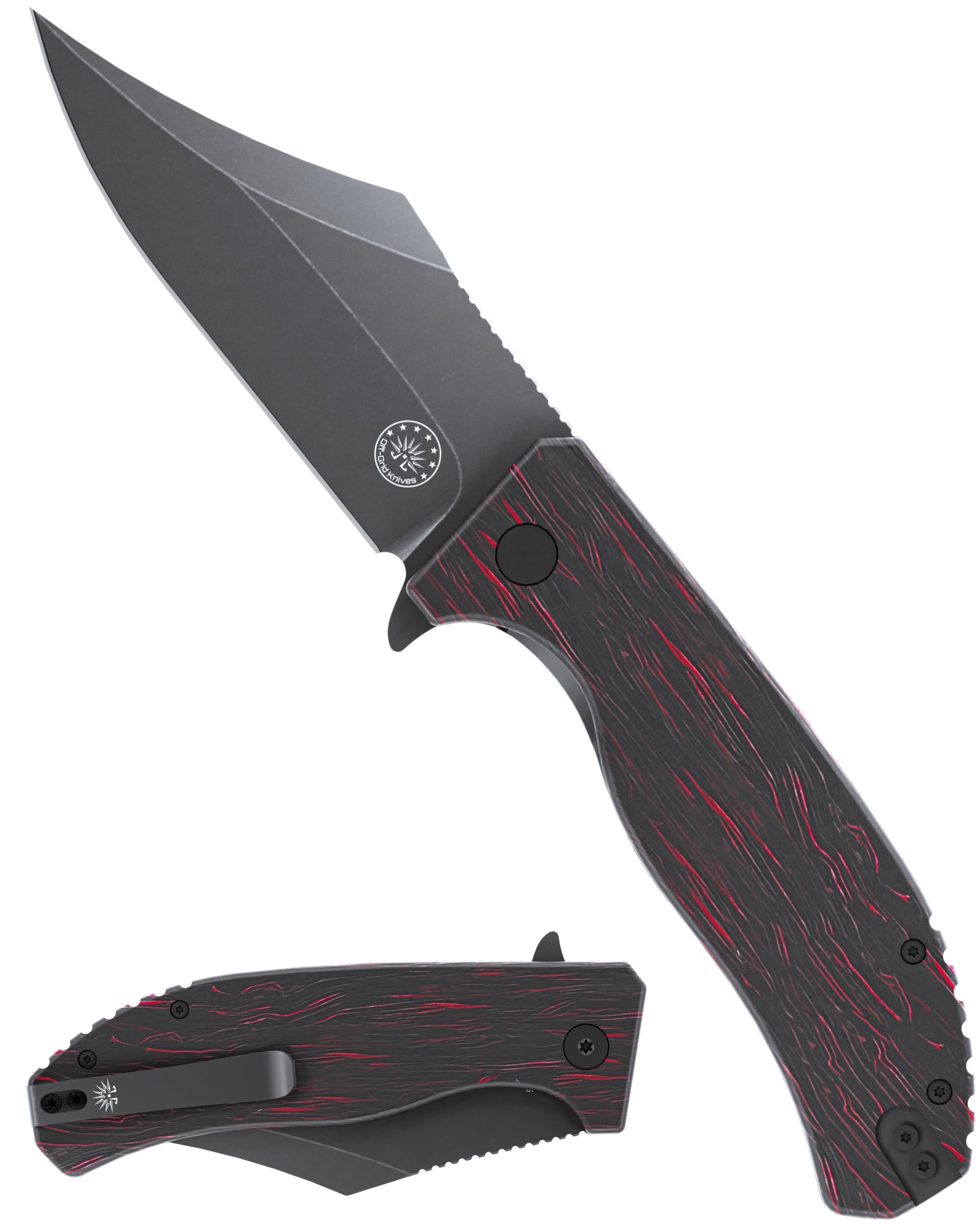 Off-Grid Knives - Caiman XL Red Dawn Edition, Folding Knife with Large Bowie Blade, Sandvik 14C28N Steel, Red & Black G10 Scales, Deep Carry Clip, Left & Right Carry
