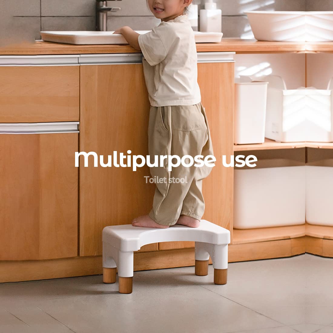 Poop Stool Toilet Stool Adults for Bathroom, 5.9" to 8.5" Adjustable Height Toilet Stool Squat Adult (White, Beechwood Feet)