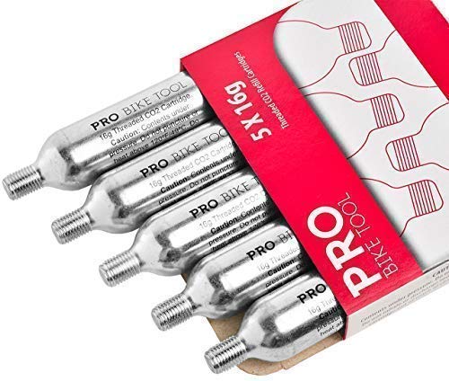 PRO BIKE TOOL CO2 Inflator + 5 x 16g Threaded CO2 Cartridges Bundle - Quick & Easy - Presta and Schrader Valve Compatible - Bicycle Tire Pump for Road and Mountain Bikes