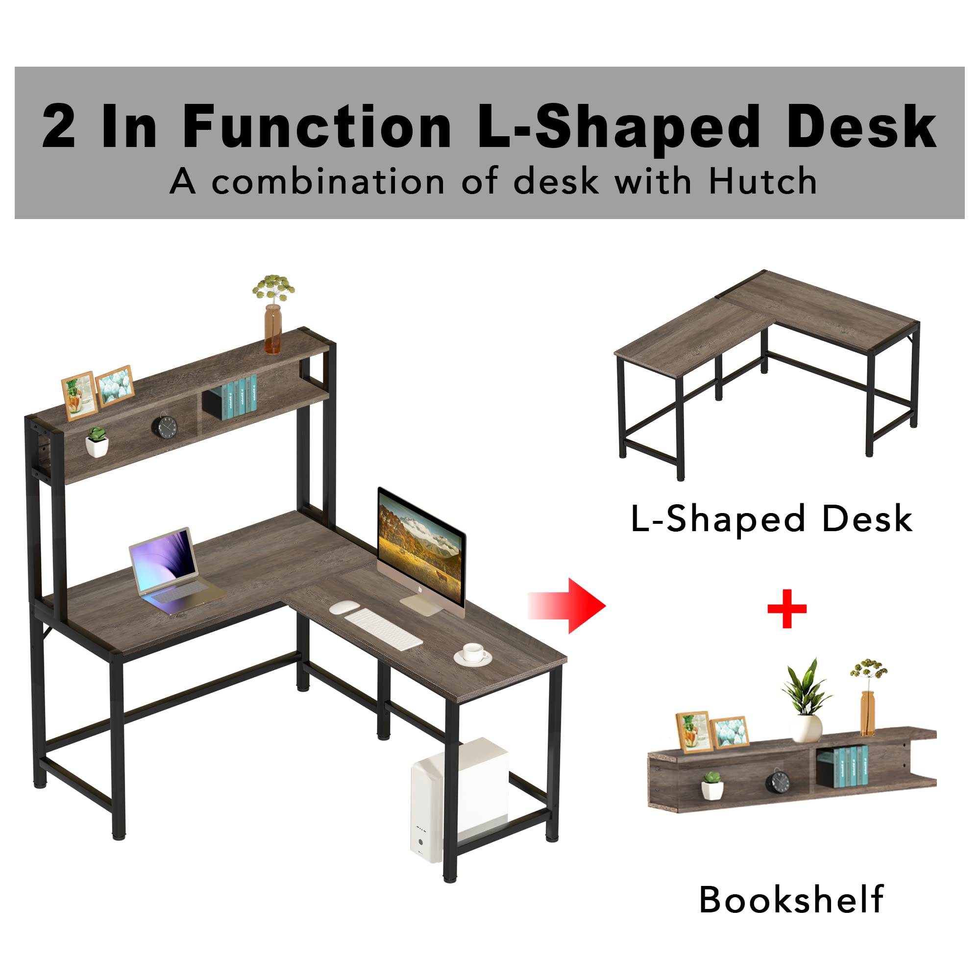 TechLand L Shaped Desk with Hutch, 55 Inch Corner Computer Desk Gaming Table Workstation with Storage Shelves Bookshelf, Study Writing Space Saving Desk for Home Office Grey SMDK006GR 0