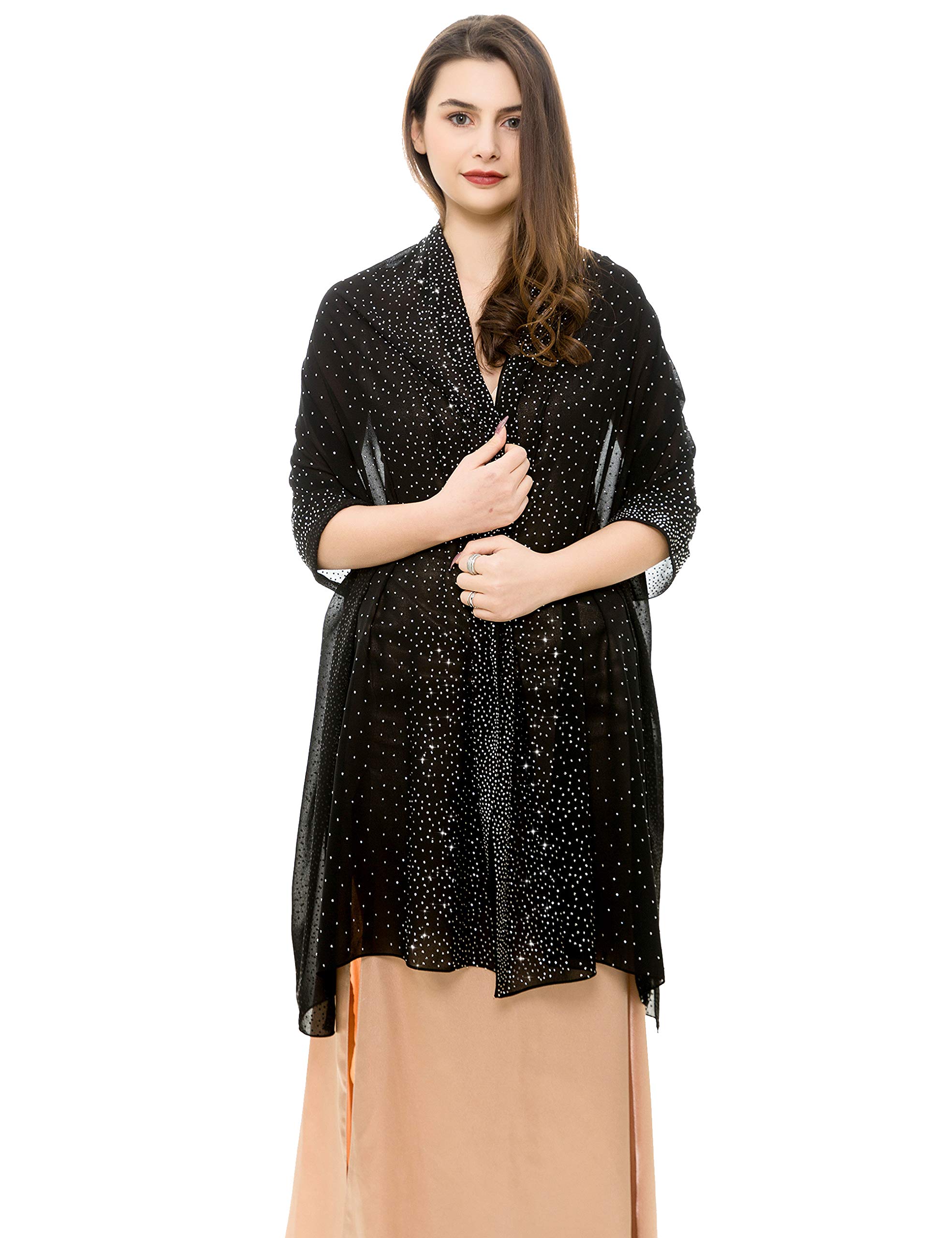 REEMONDE Womens Pashmina Shawls and Wraps for Evening Dresses Chiffon Bridal Shawl for Wedding Dressy Rhinestones Sparkly Scarf (Black)