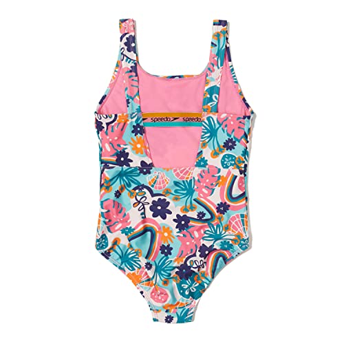 Speedo Girls' Standard Swimsuit One Piece High Neck Strappy Back, Rainbow Garden, 7