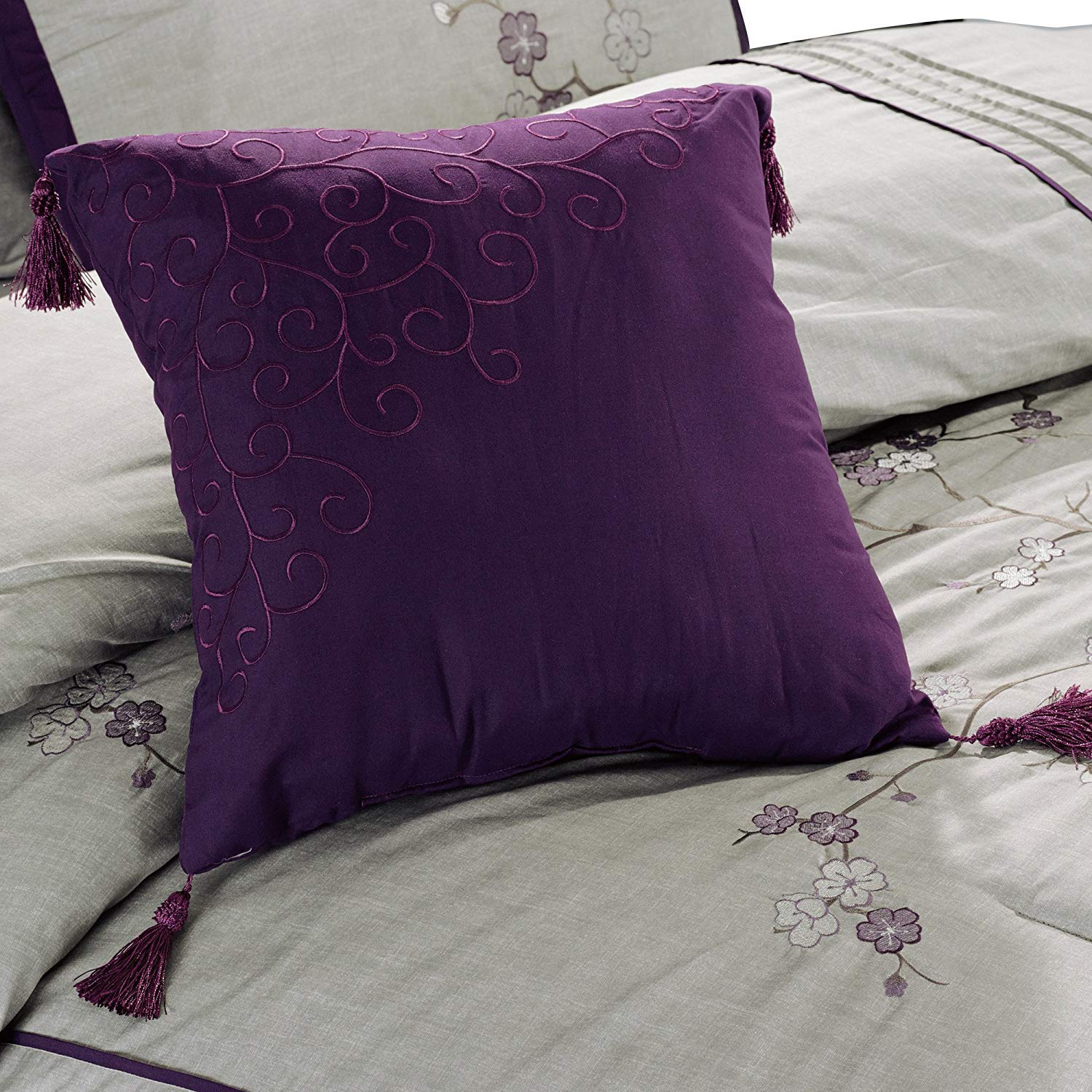 Miki 7-Piece Luxury Purple Cherry Blossoms Floral Embroidery Bedding Comforter Set Queen Size