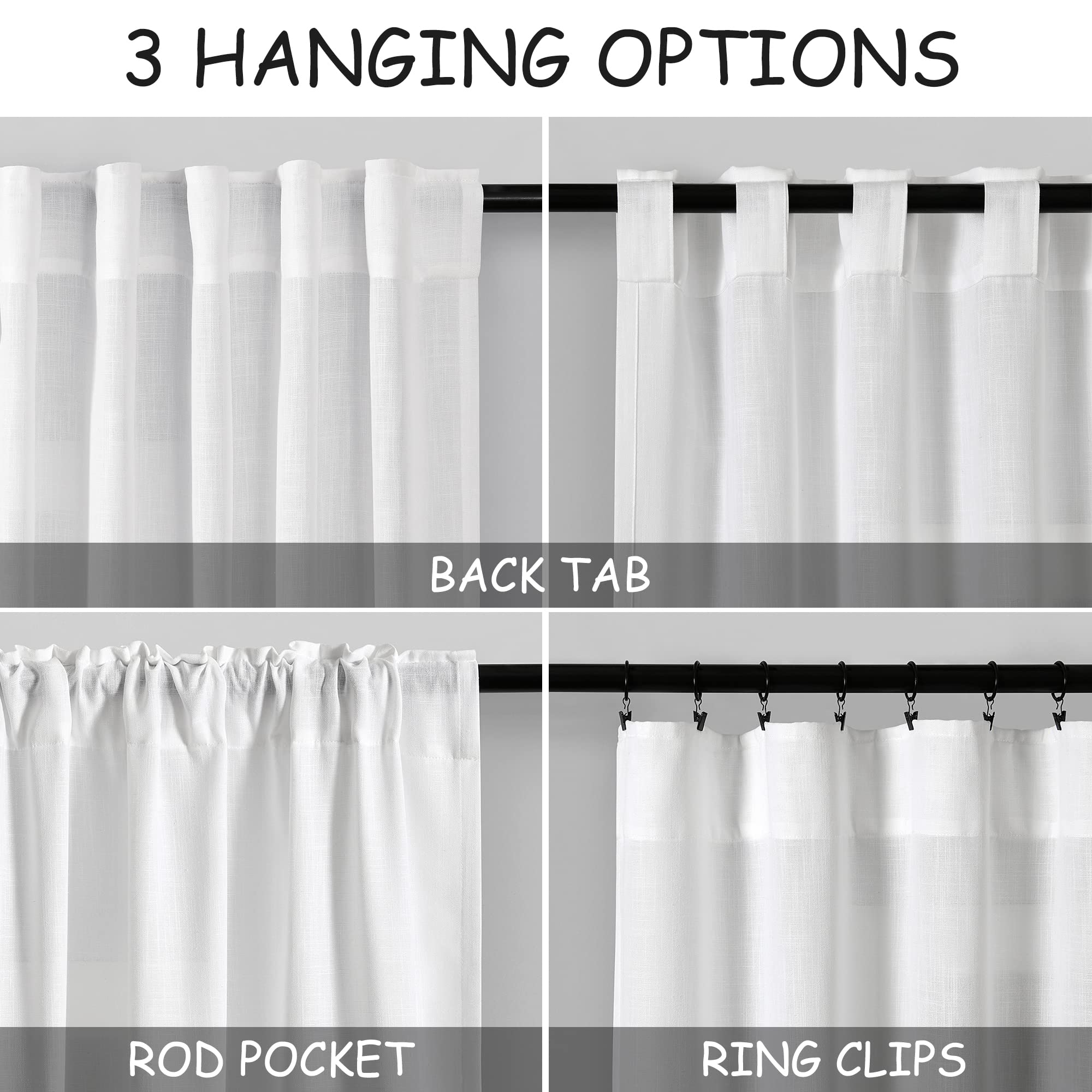 Nanspring White Kitchen Curtains 36 Inch Length Set 2 Panel Back Tab Pocket Semi Sheer Light Filtering Short Drapes Linen Farmhouse Curtain Tiers for Cafe Bathroom Basement Small Window 52x36
