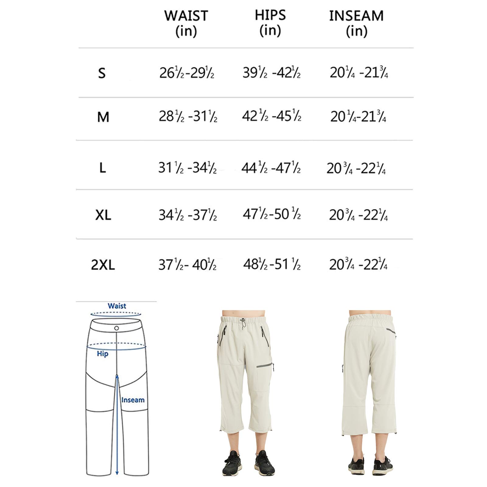 PRIESSEI Men's Pants Outdoor Elastic-Waist Lightweight Cargo Pants Quick Dry White 2XL