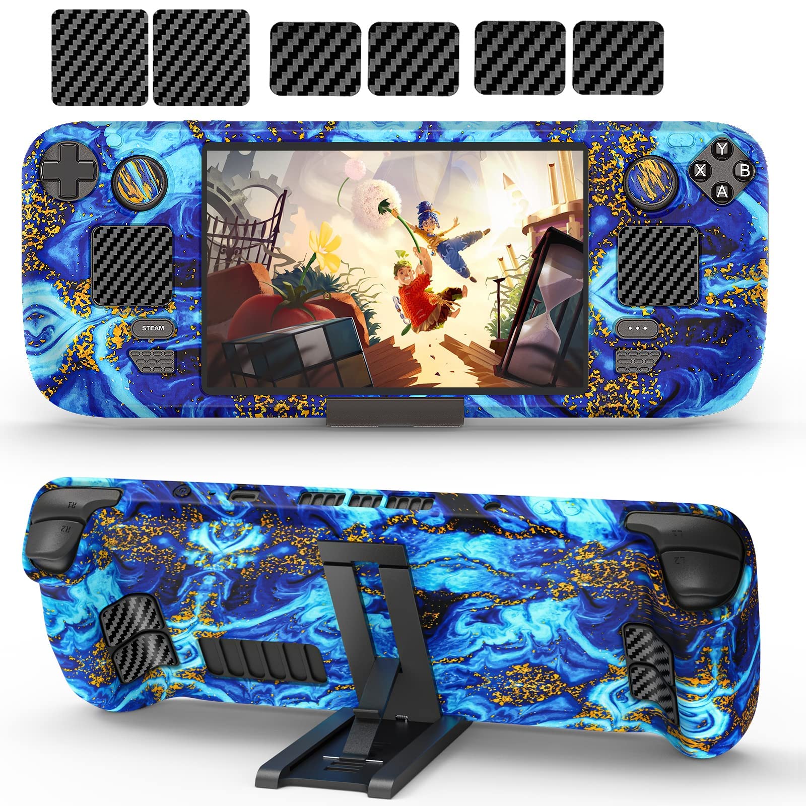 YIZEIJOB Protective Silicone Case for Steam Deck/Steam Deck OLED, Accessories Set for Steam Deck, Includes Protector Cover Skin, Stand Dock Base, Touch Skin Stickers & Thumb Cap(Blue)