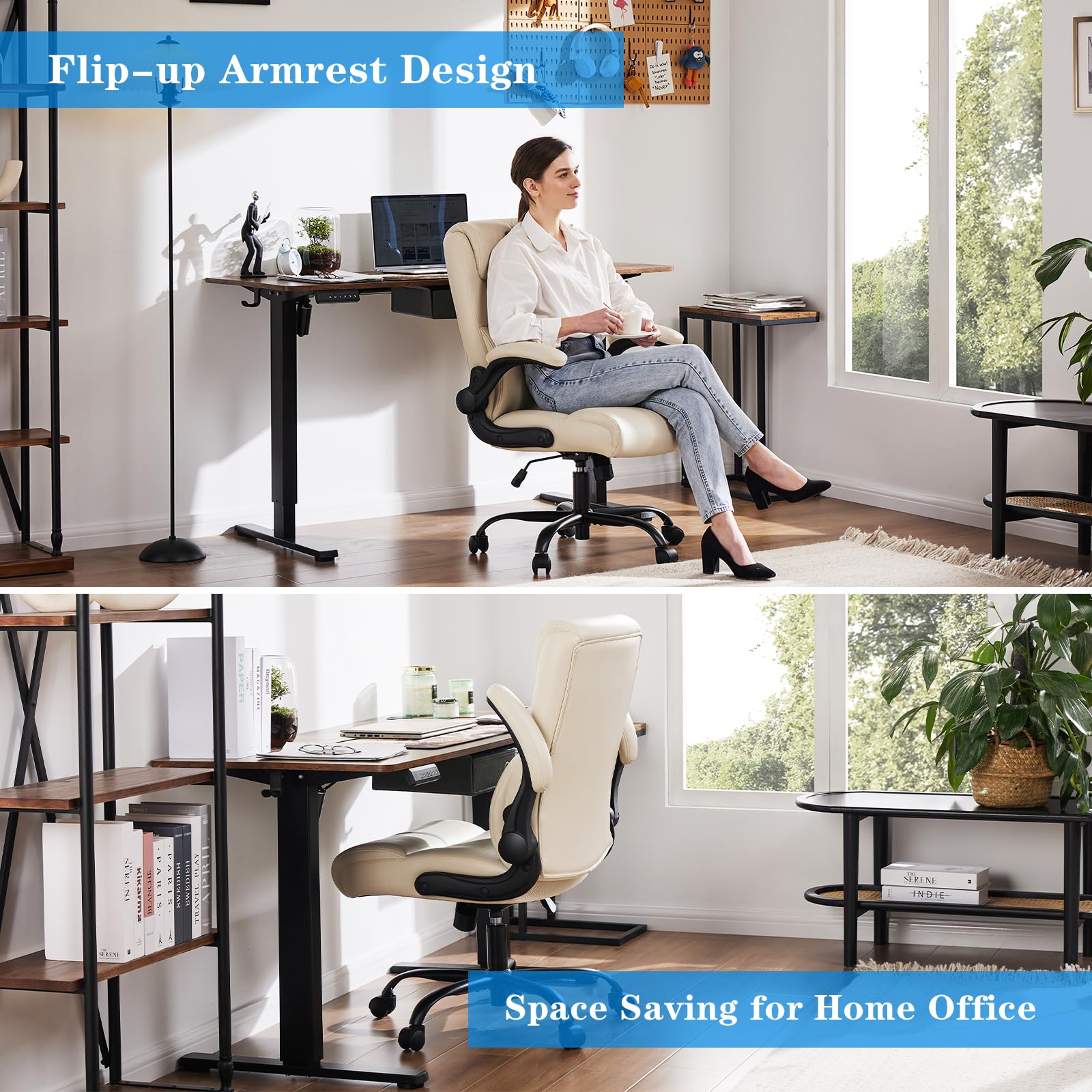 NEWBULIG Ergonomic PU Leather Desk Mid Back Computer Flip Up Armrests Height Adjustable Executive Office Lumbar Support Swivel Task Chair, 20" D x 20" W x 43" H, White